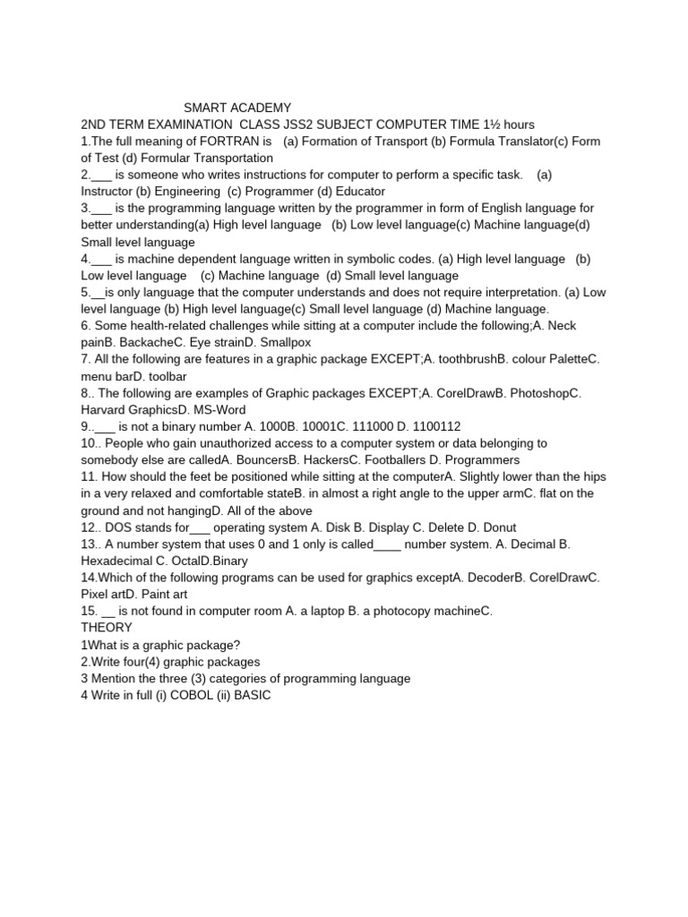 JSS2 Computer Exam Questions and Answers | PDF