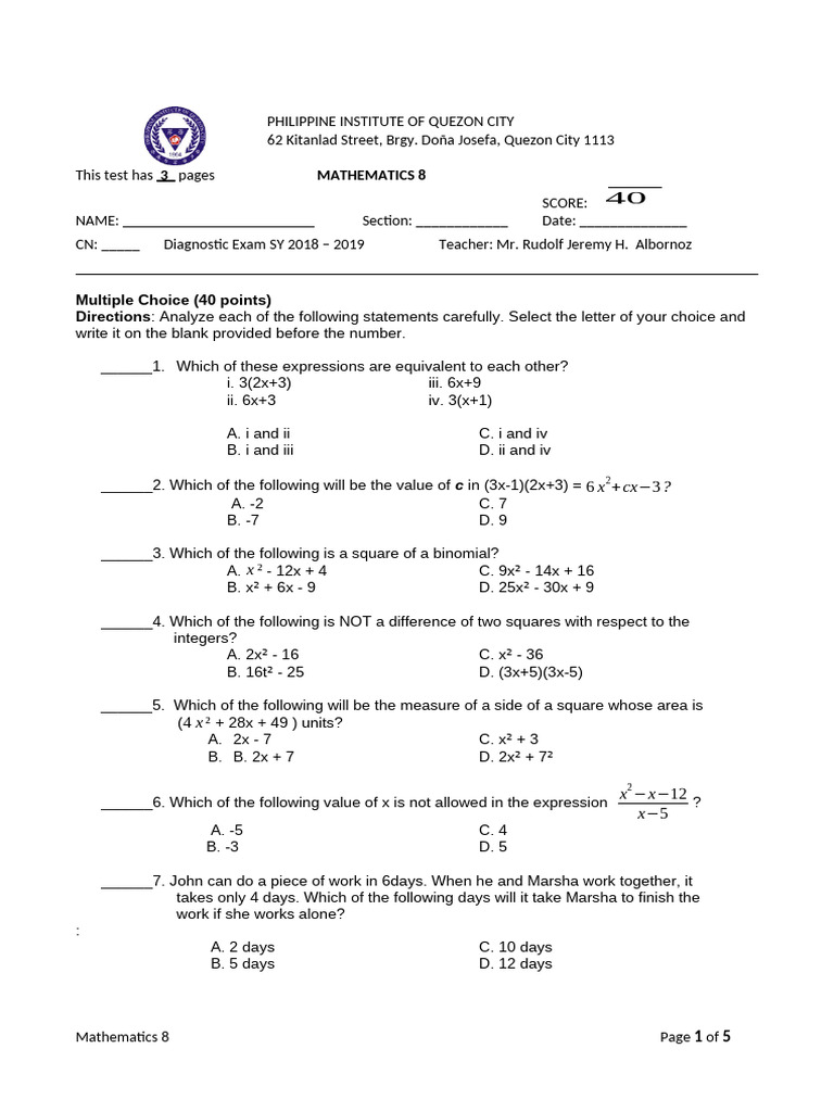 2122 - Diagnostic Test - Math 8 | PDF | Mathematics | Discrete Mathematics