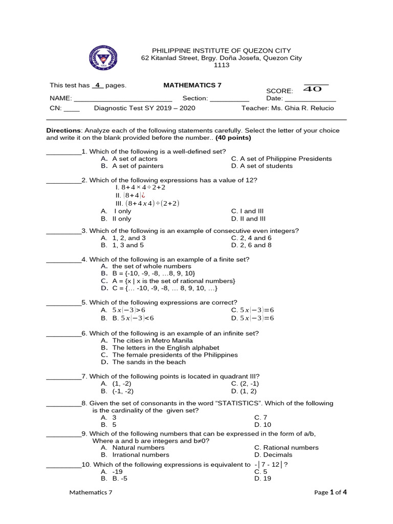 2122 - Diagnostic Test - Math 7 | PDF | Numbers | Number Theory
