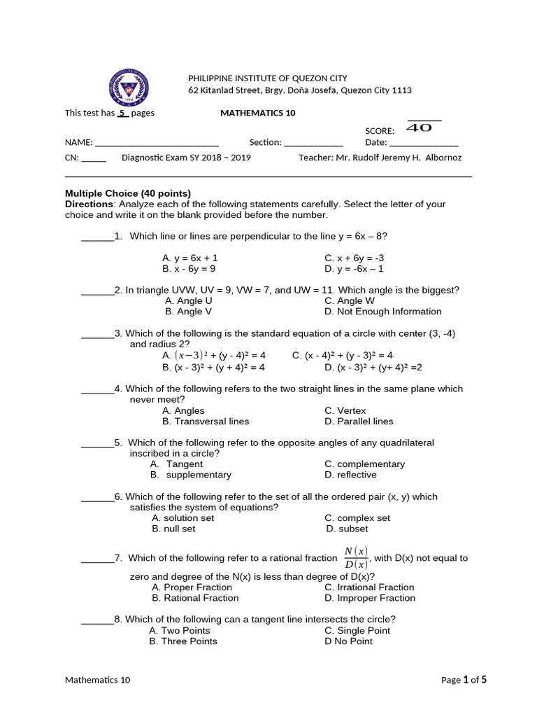 2122 - Diagnostic Test - Math 10 | PDF | Circle | Trigonometric Functions