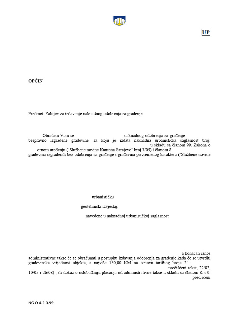 Zahtjev Za Izdavanje Naknadnog Odobrenja Za Gradjenje UP | PDF