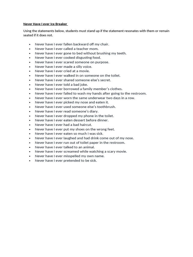 Never Have I Ever Ice Breaker | PDF