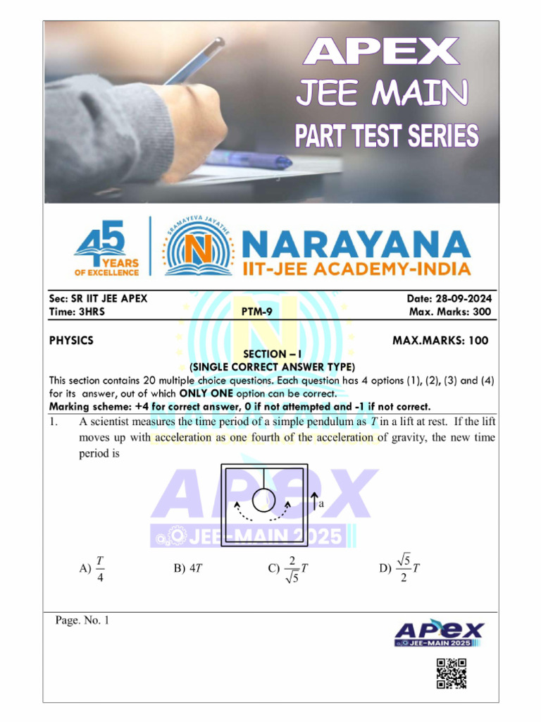 00000720-28-09-2024__SR IIT _ JEE APEX _Jee Main MODEL_PTM-9_QP FINAL | PDF