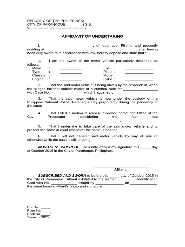 Affid of Undertaking- Mv Release (1) | PDF | Affidavit | Legal Procedure