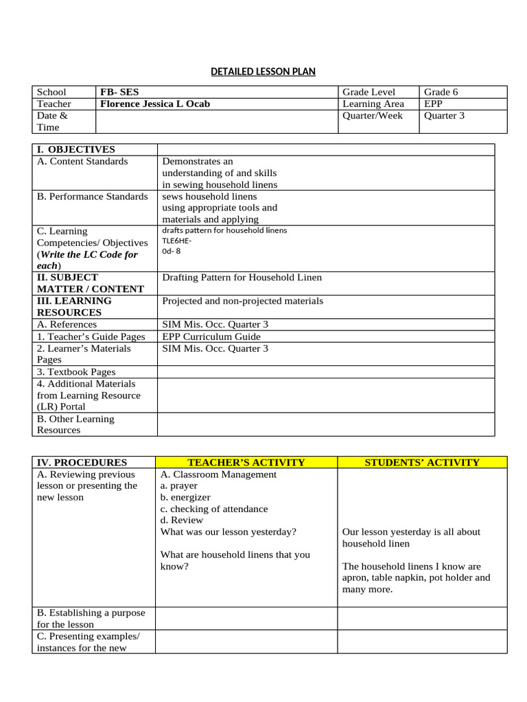 DETAILED LESSON PLAN Household Linen | PDF | Procedural Knowledge | Cognition