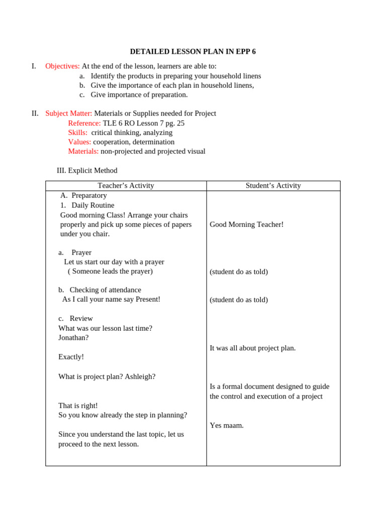 DETAILED LESSON PLAN IN EPP 6 Materials or Supplies Neede For Project ...