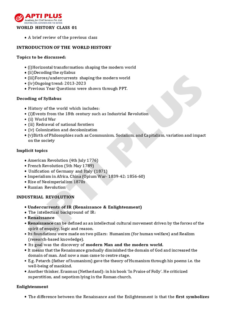World History Class 01 synopsis | PDF | Age Of Enlightenment | Thomas ...