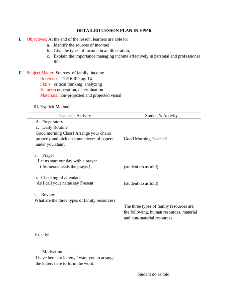 DETAILED LESSON PLAN IN EPP 6 Sources of Income | PDF | Income | Dividend