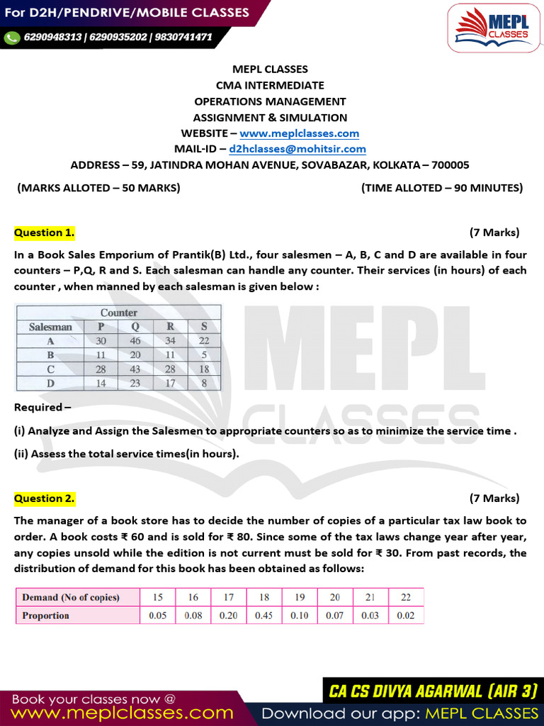 Cma Inter - Om - Assignment & Simulation - Qp. | PDF | Applied Mathematics | Statistical Theory
