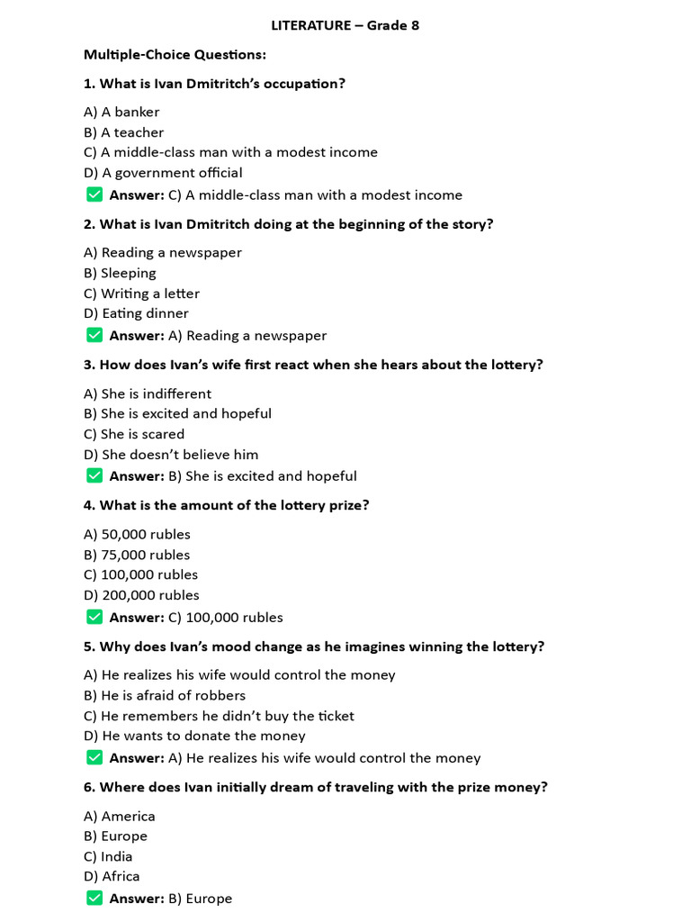 Grade 8 Literature MCQ Answers | PDF | The Adventure Of The Speckled Band