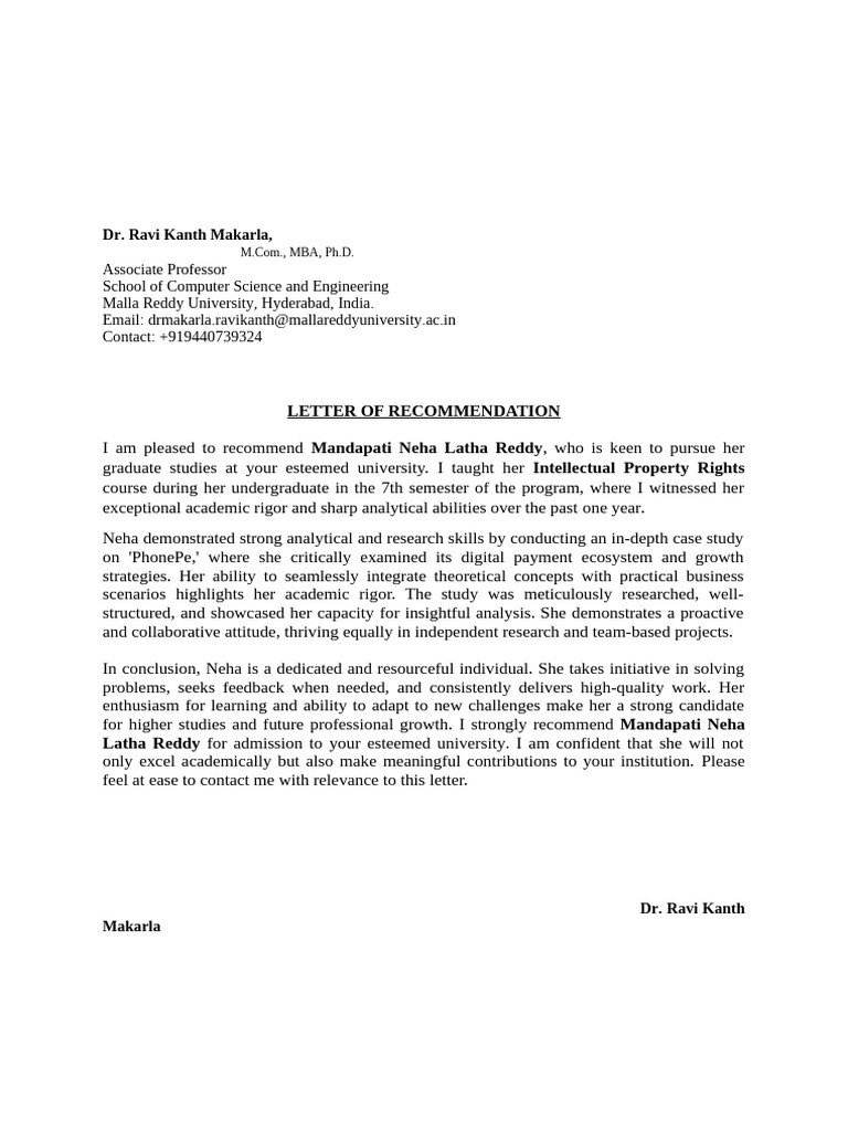 Mandapati Neha Latha Reddy - DR - Ravi Kanth - LOR | PDF