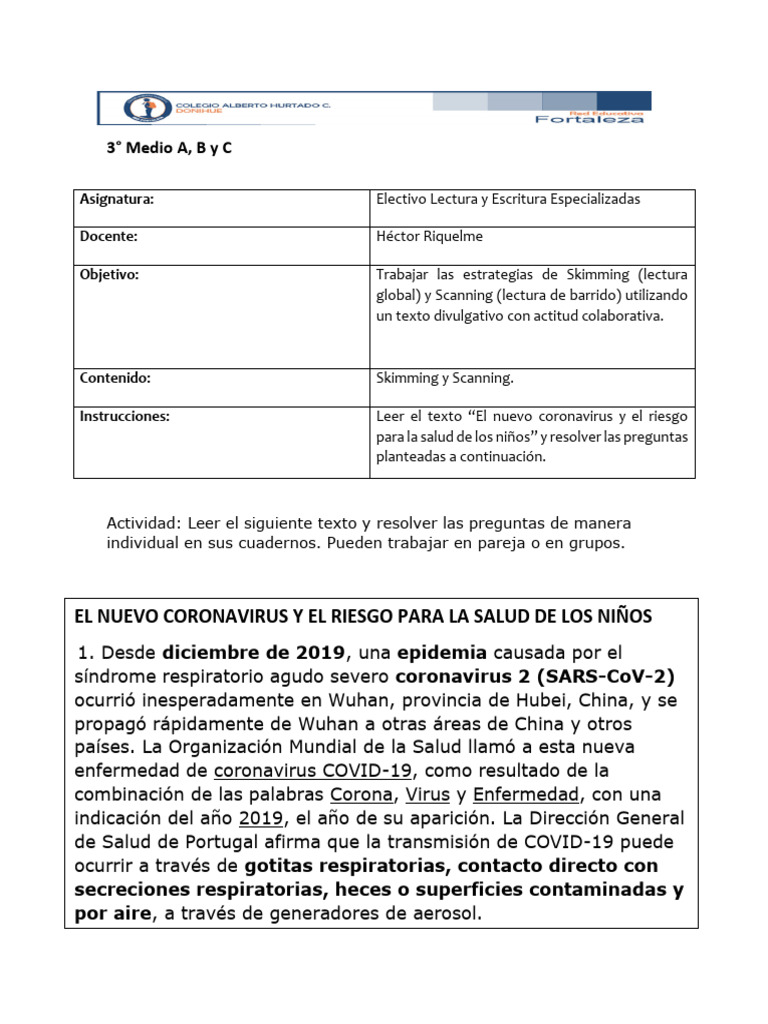 Guía El Nuevo Coronavirus y Como Afecta A Los Niños - Electivo Lectura ...