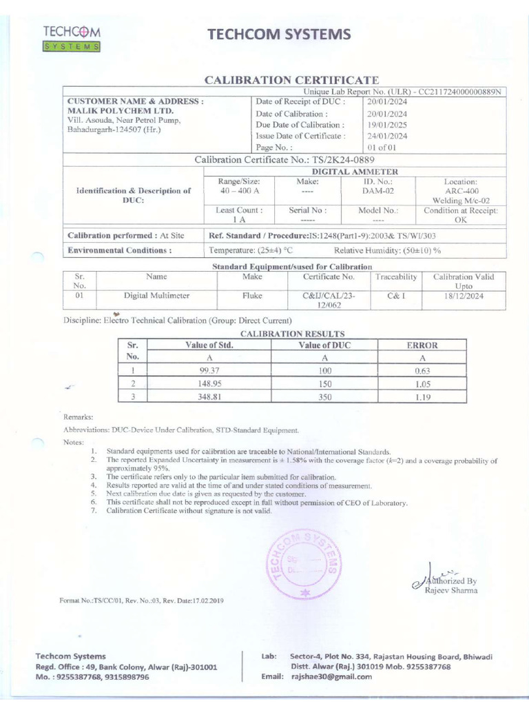 Calibration Certificates Digital Ammeter 2 | PDF