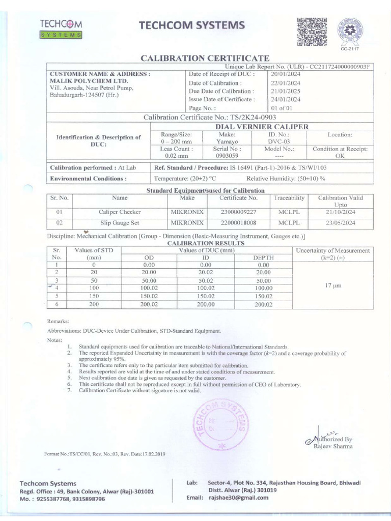 Calibration Certificates Dial Vernier Caliper 0-200mm | PDF