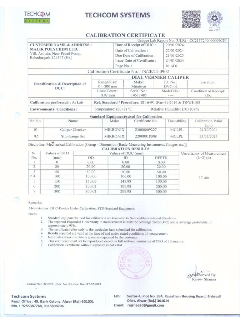 Calibration Certificates Dial Vernier Caliper 0-300mm (1) | PDF