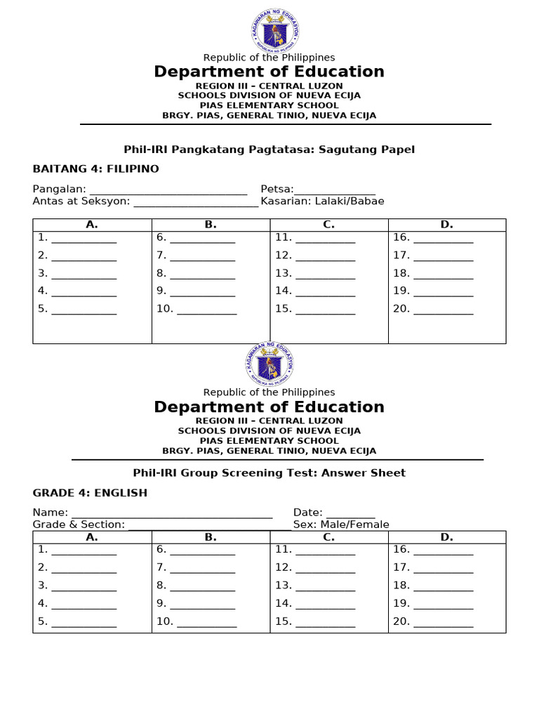Grade 4 Phil-IRI Assessment Sheets | PDF