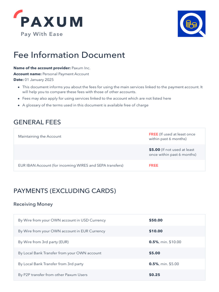 Paxum Personal Account Fee Overview | PDF | Wire Transfer | Debit Card