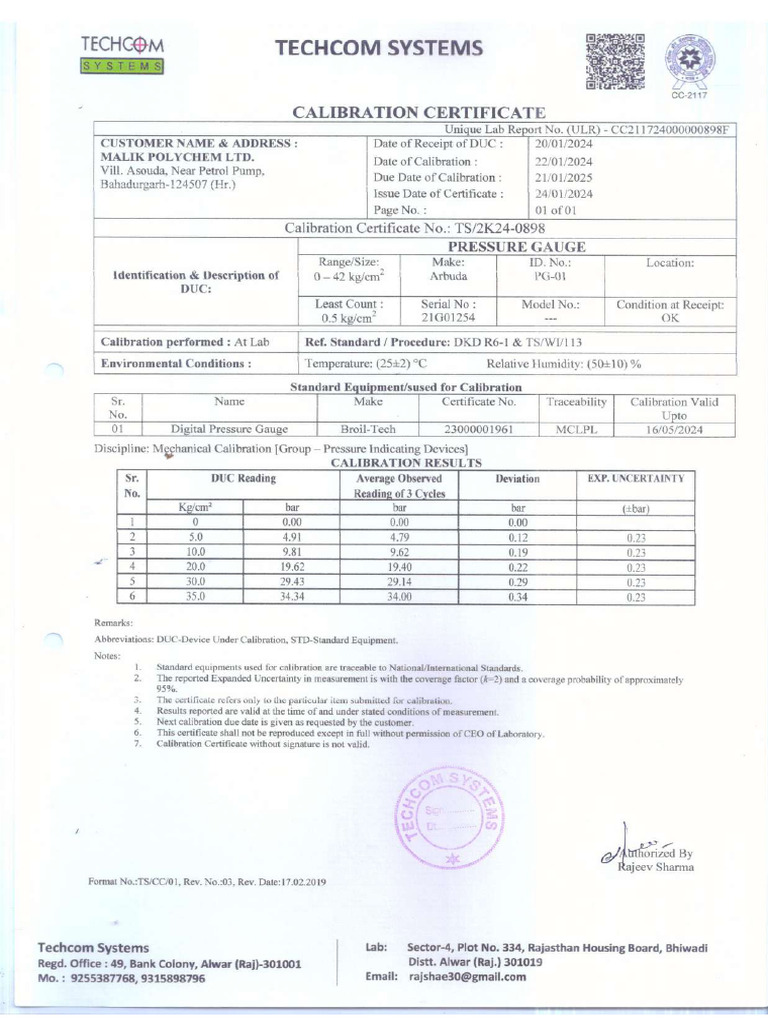 Calibration Certificates Pressure gauge | PDF