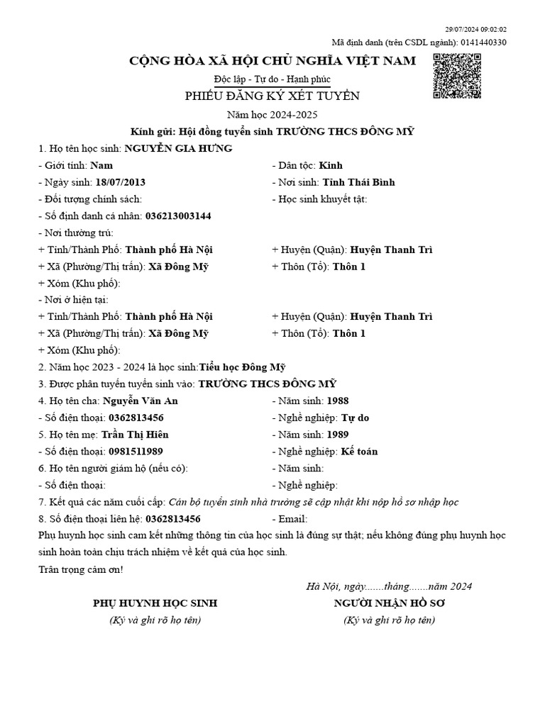 PhieuThongTinHocSinh Nguyengiahung SMYA | PDF