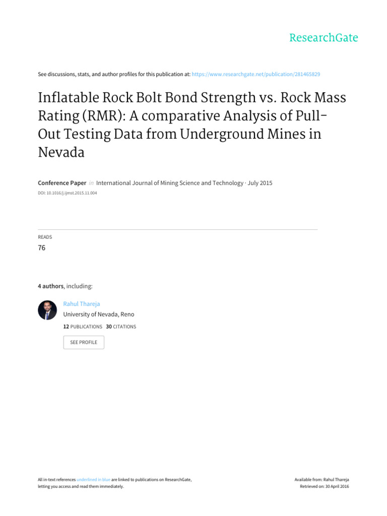 Inflatable Rock Bolt Bond Strength vs. Rock Mass Rating (RMR) A Comparative Analysis of Pull-Out ...