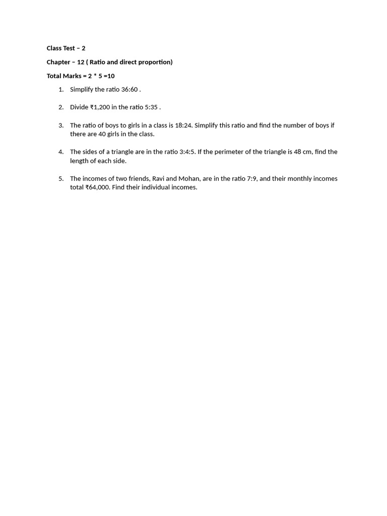 Class Test: Ratio and Proportion Problems | PDF