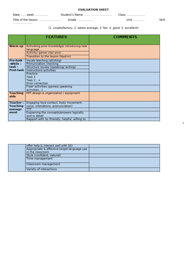 Evaluation Sheet - For SS To Give FB | PDF