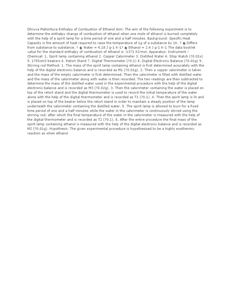 Enthalpy of Combustion of Ethanol Experiment | PDF