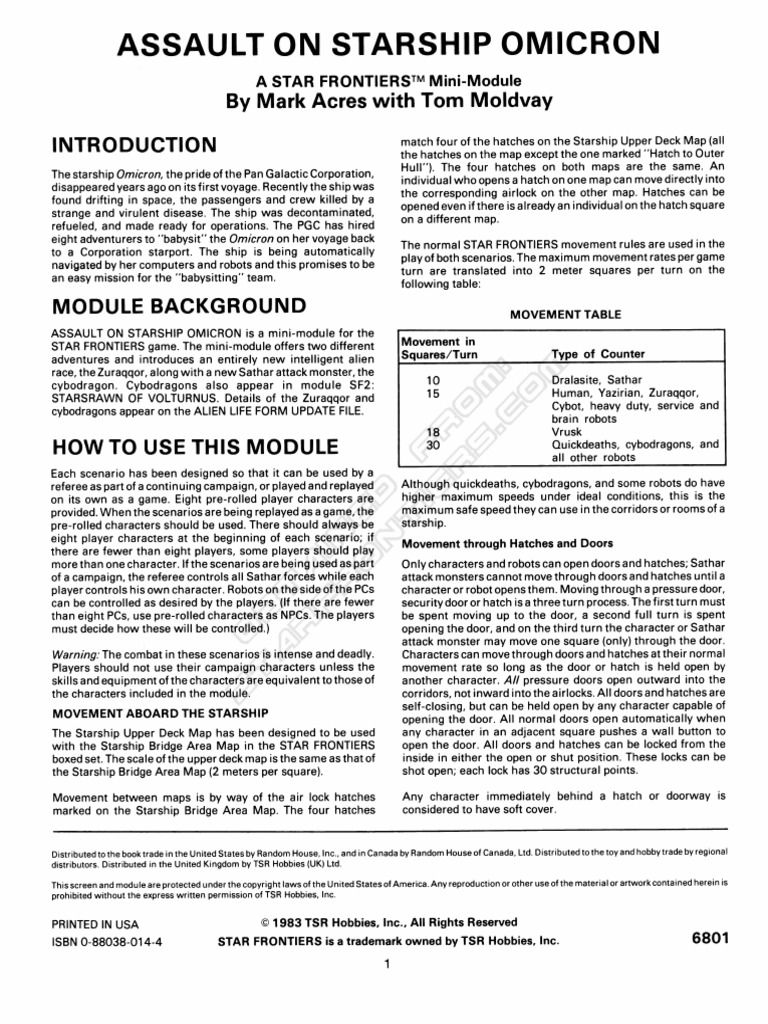 Star Frontiers Alpha Dawn - (TSR) - Adventure - SFAC2 Assault On ...