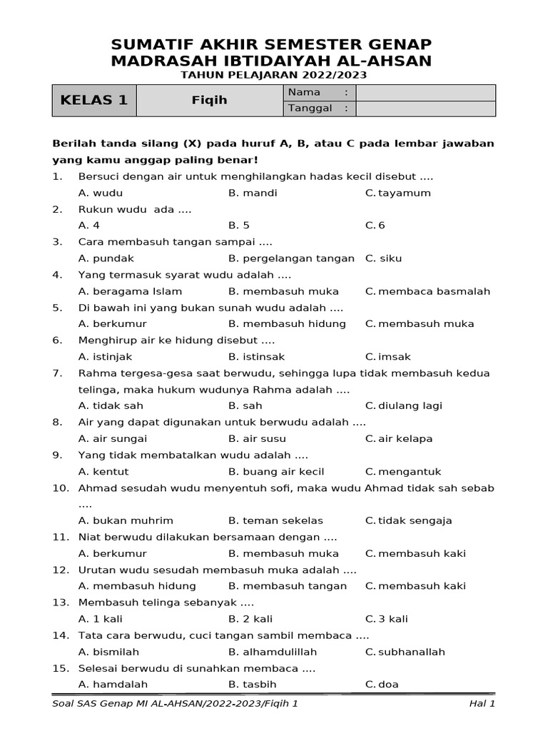 Naskah Soal Sumatif Genap 2023 KLS 1 - Fiqih | PDF
