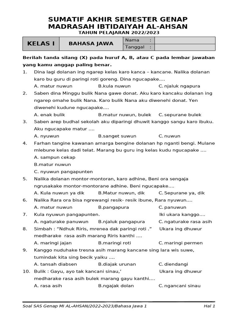 Naskah Soal Sas Genap BHS Jawa 1 - 2023 | PDF