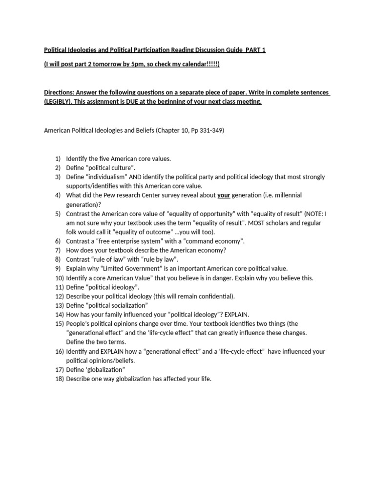 Political Ideologiesandpolitical Participation Reading Discussion Guide ...