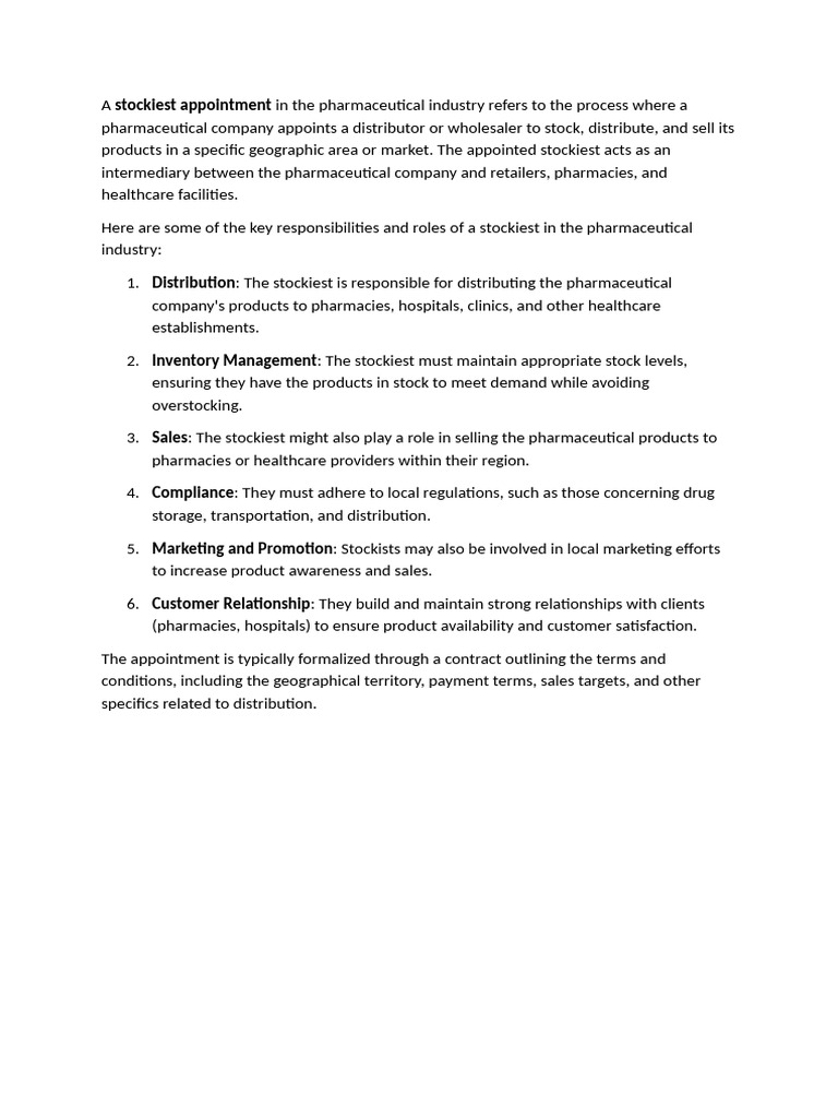 Stockiest Role in Pharma Distribution | PDF