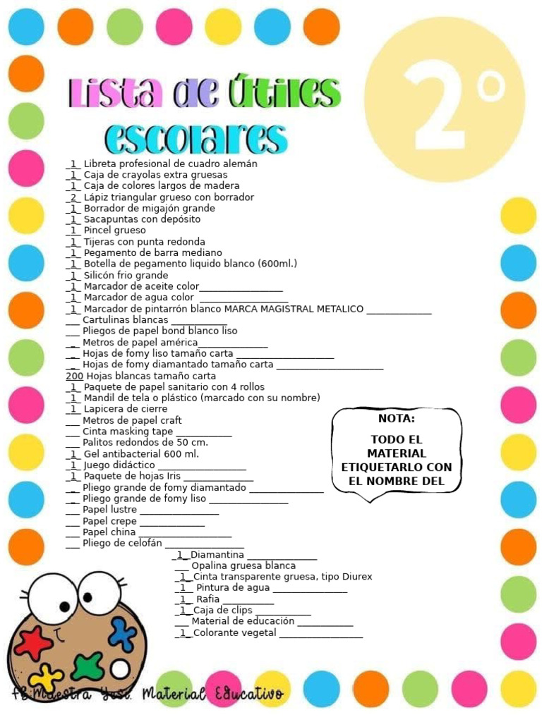 LISTA DE MATERIAL_SEGUNDO GRADO | PDF