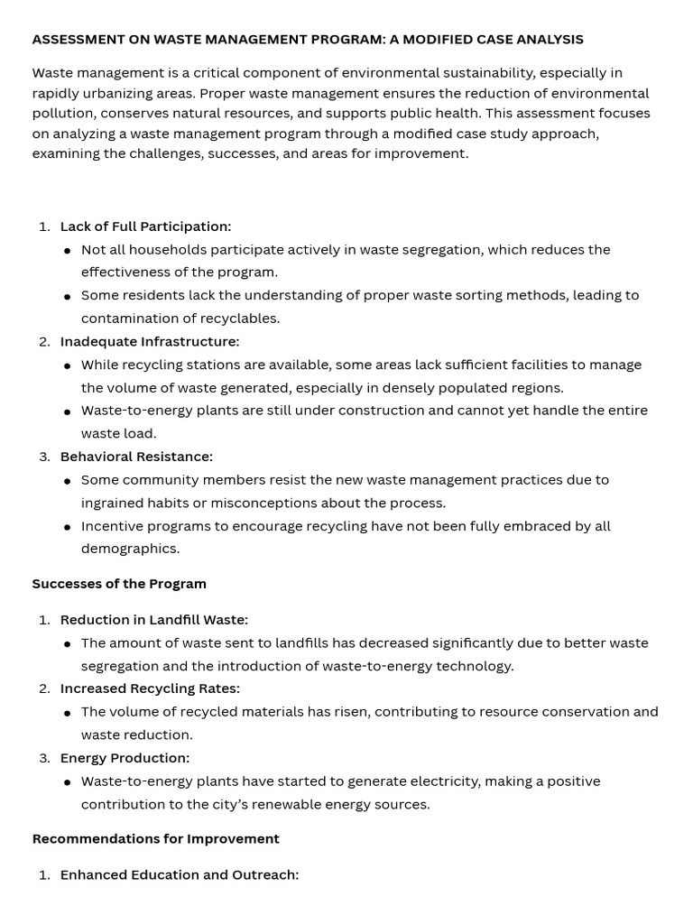 Assessment On Waste Management Program A Modified Case Analysis ...