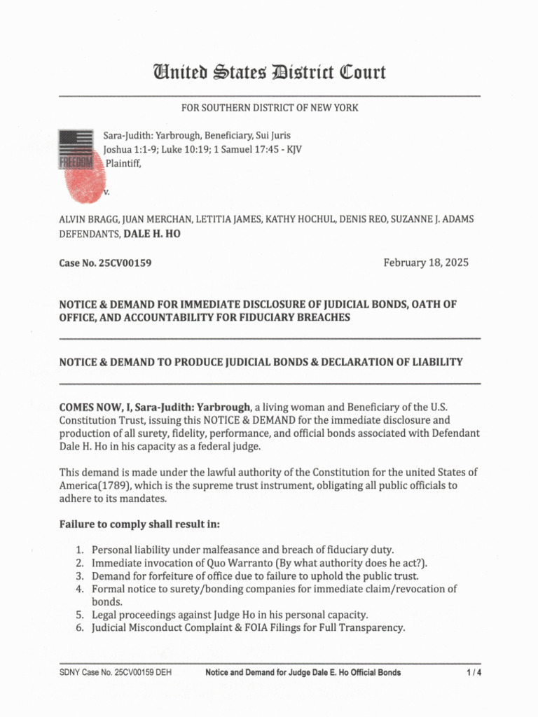 SDNY Case No. 1:25CV00159 DEH - Notice & Demand For Disclosure of Judge ...