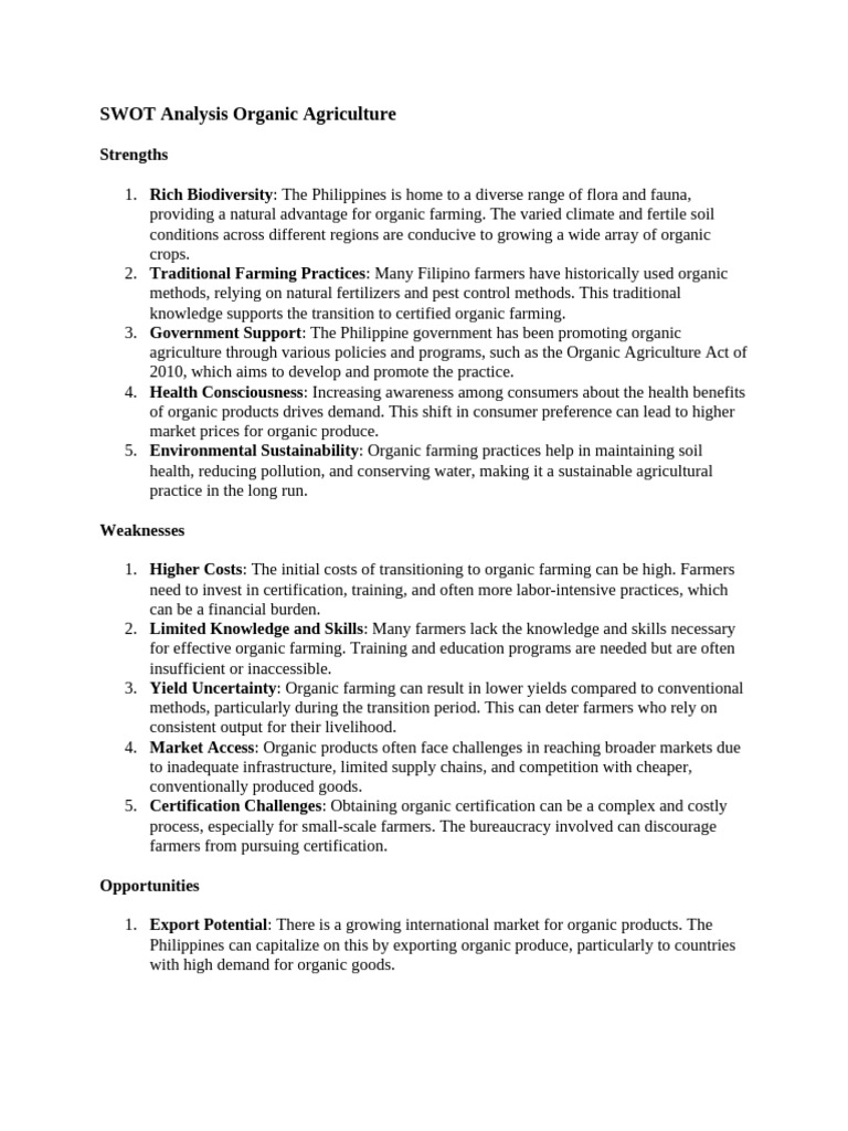 SWOT Analysis Organic Agriculture | PDF | Organic Farming | Agriculture