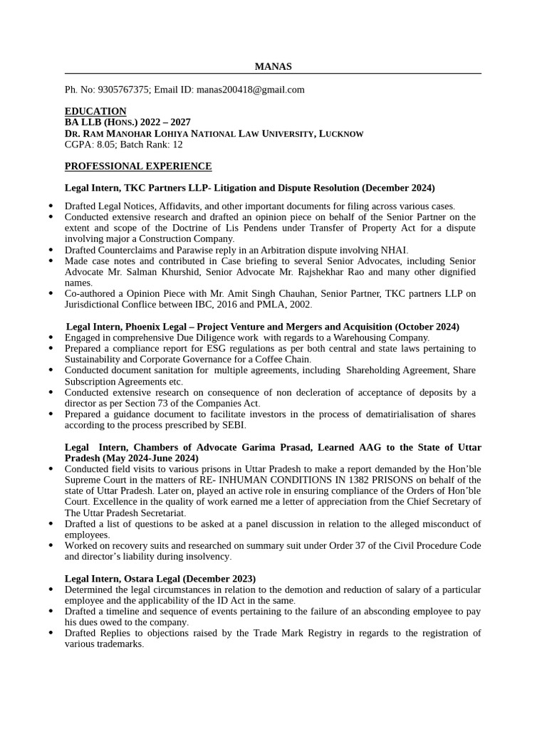 CV MANAS JUNE | PDF | Trademark | Business Law