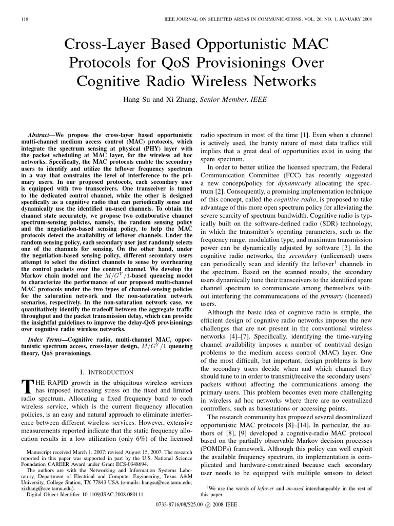 Cross-Layer Based Opportunistic MAC Protocols For QoS Provisionings Over Cognitive Radio ...