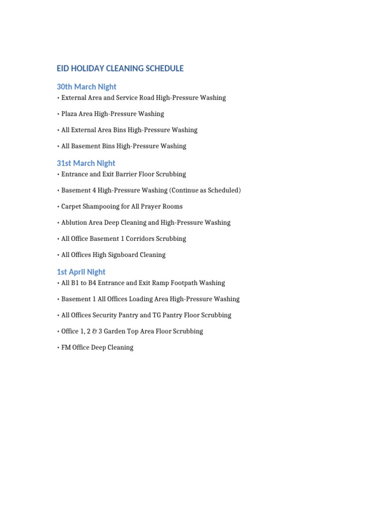 Eid Holiday Cleaning Schedule | PDF