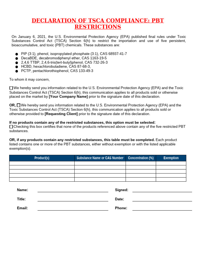 !TSCA Restrictions (PBT) Declaration | PDF