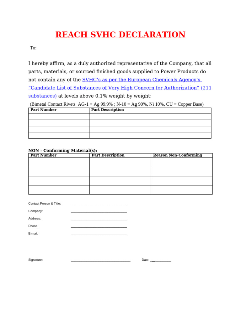 REACH SVHC Compliance Declaration Form | PDF