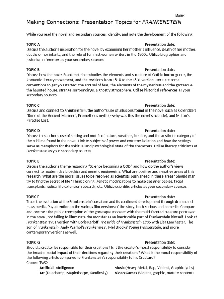 2023 Frankenstein Presentation Topics, Rubric, and Extra Credit | PDF ...