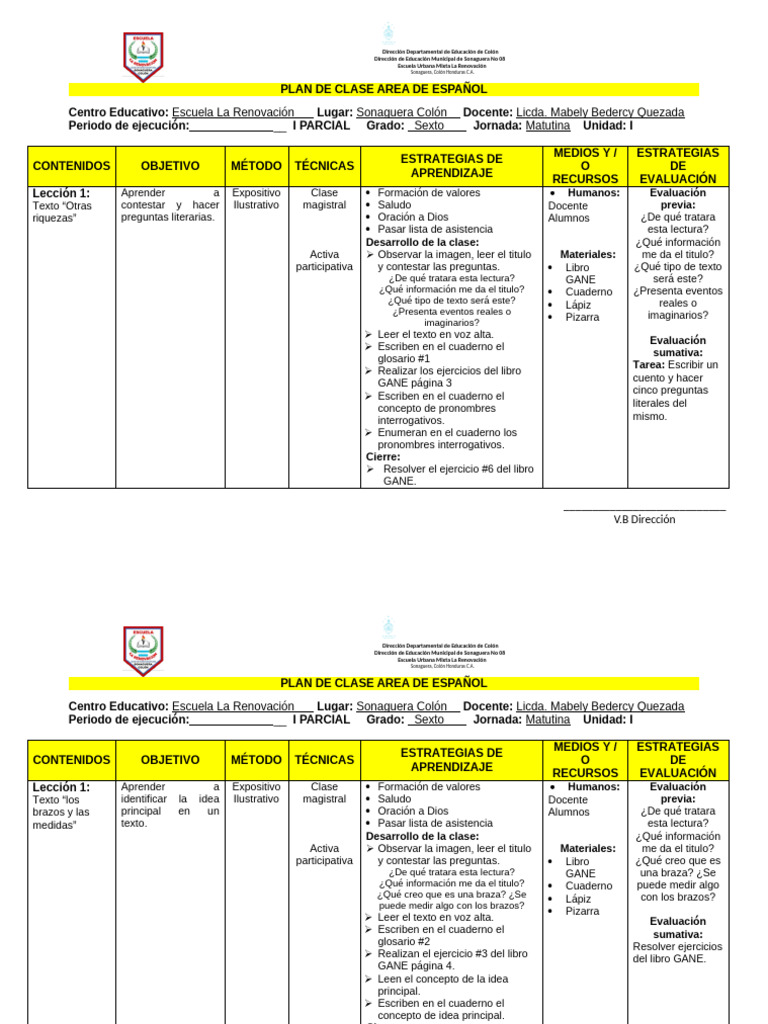 Plan de Clase Area de Español | PDF | Escuelas | Maestros