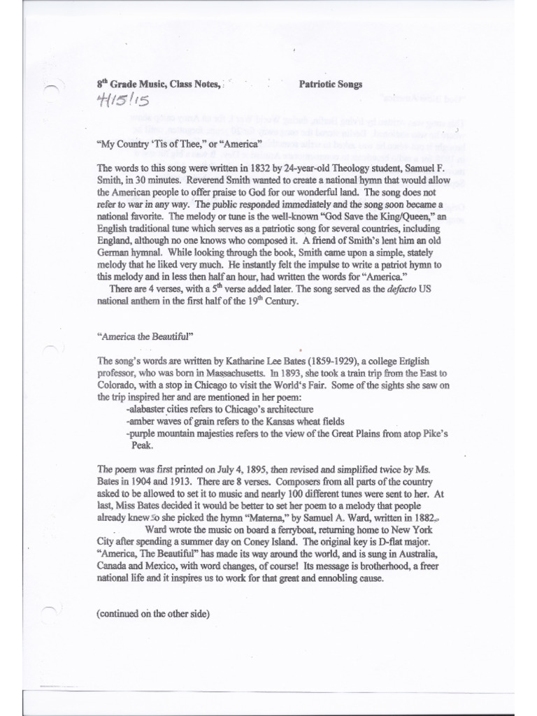 Class Notes, Patriotic Songs p1 | PDF