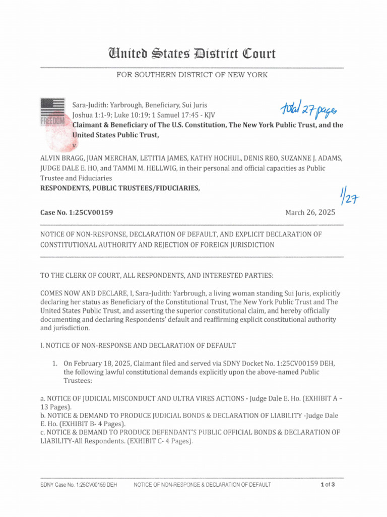SDNY Case No. 1:25CV00159 DEH - Notice of Non-Response, Declaration of ...