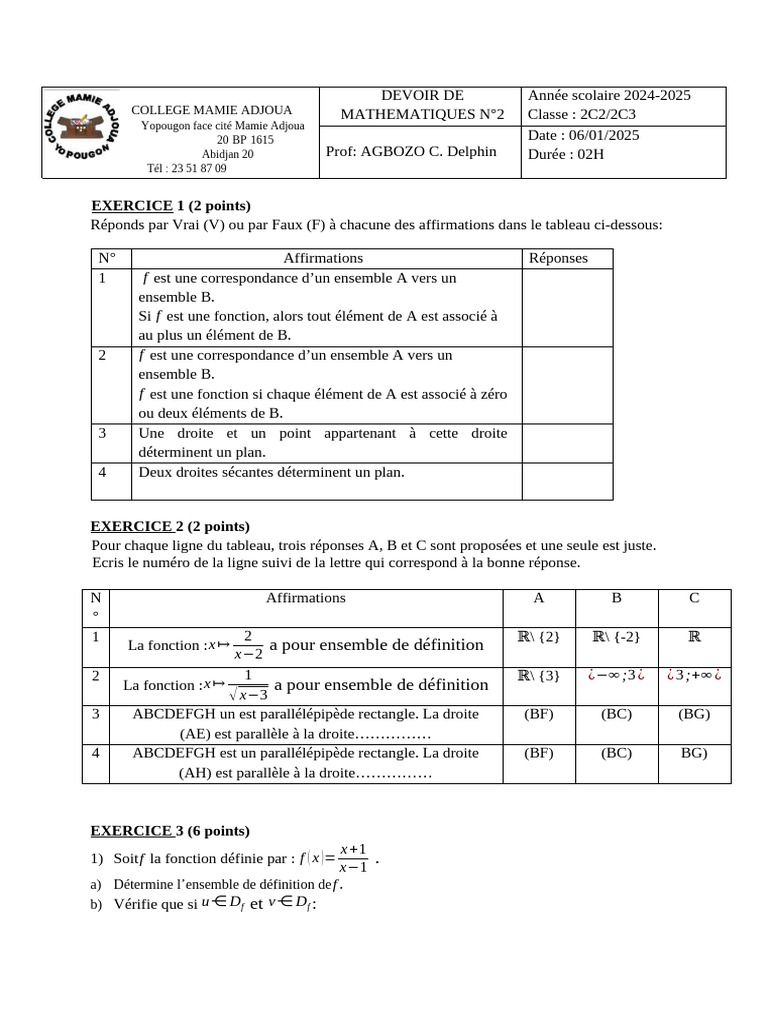 Devoir de Mathématiques 2C2/2C3 | PDF | Mathématiques | Géométrie