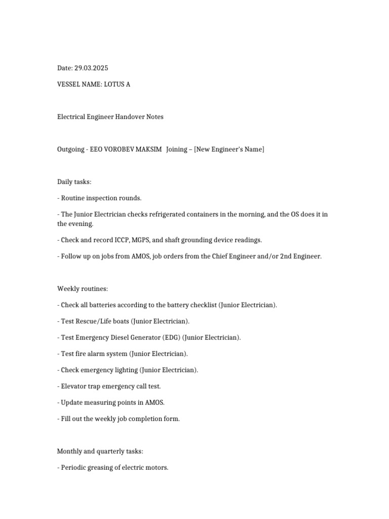 Electrical Engineer Handover Notes Translated Final | PDF