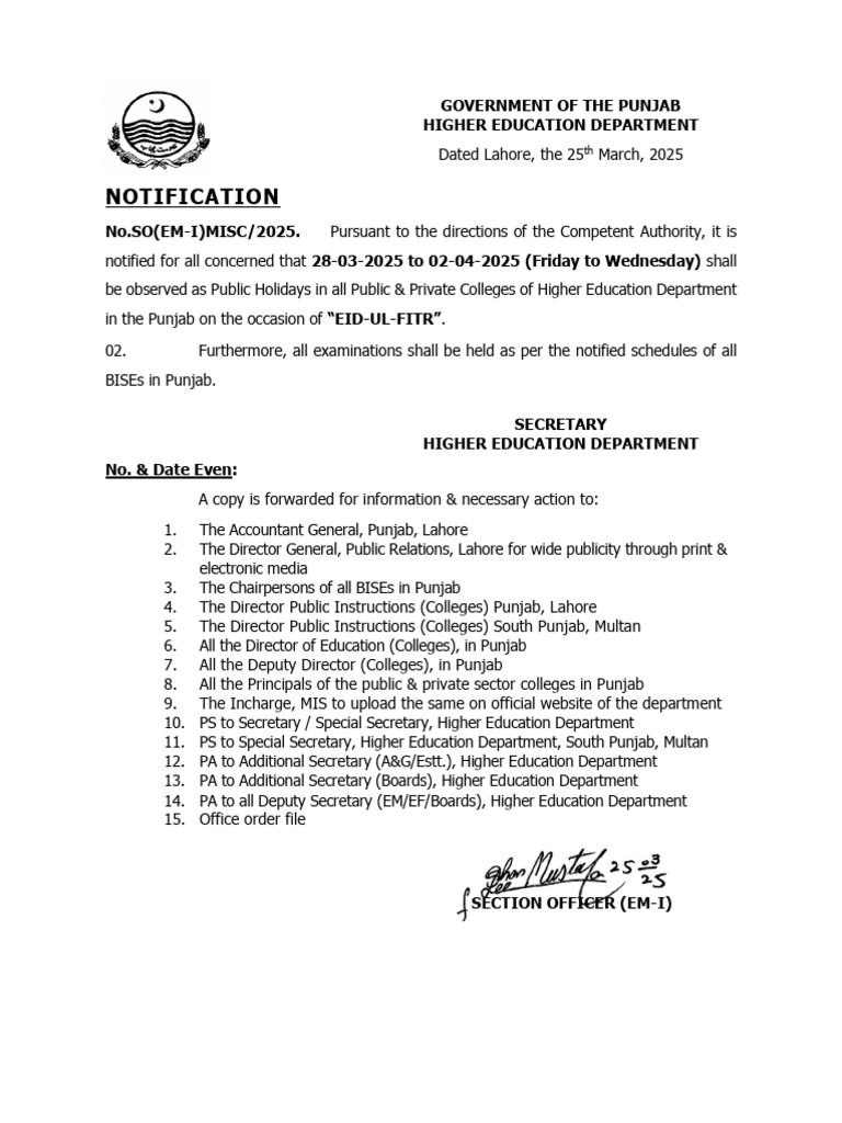 Eid-ul-Fitr Holiday Notification (Colleges) | PDF