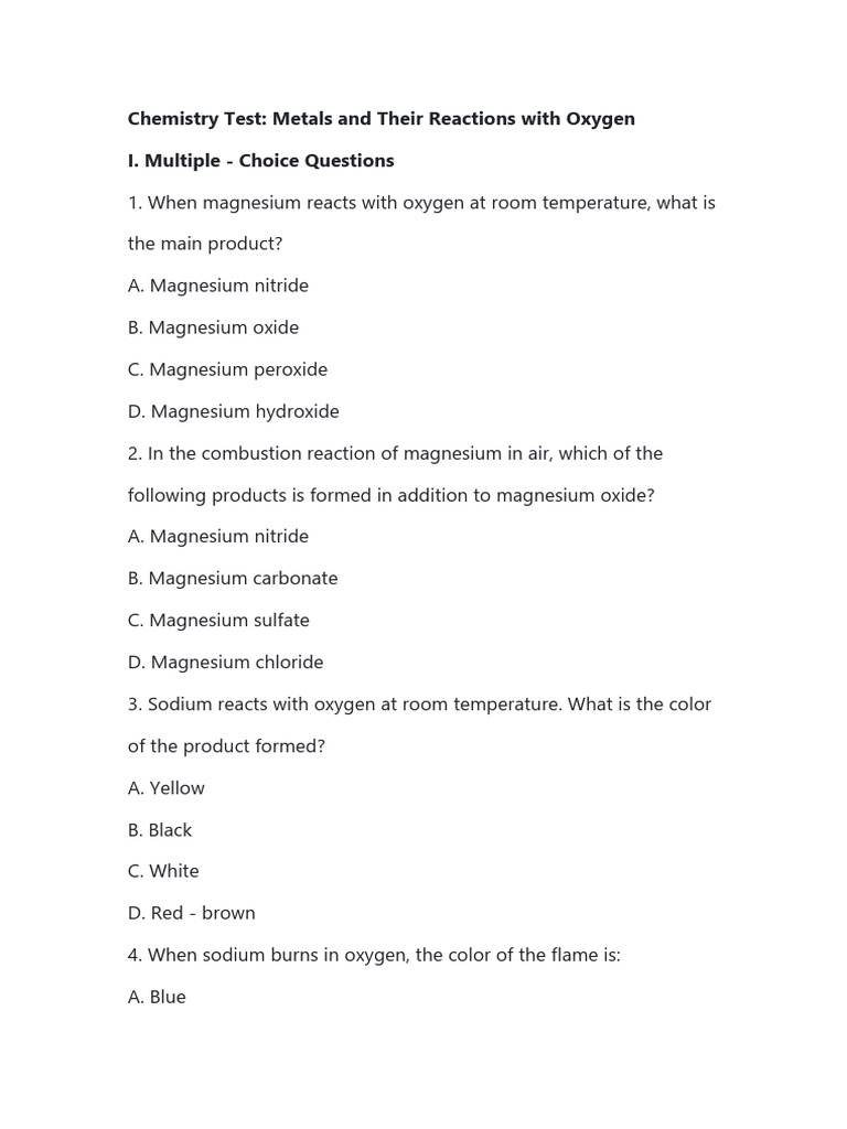 Chemistry Test - Metals and Their Reactions With Oxygen | PDF