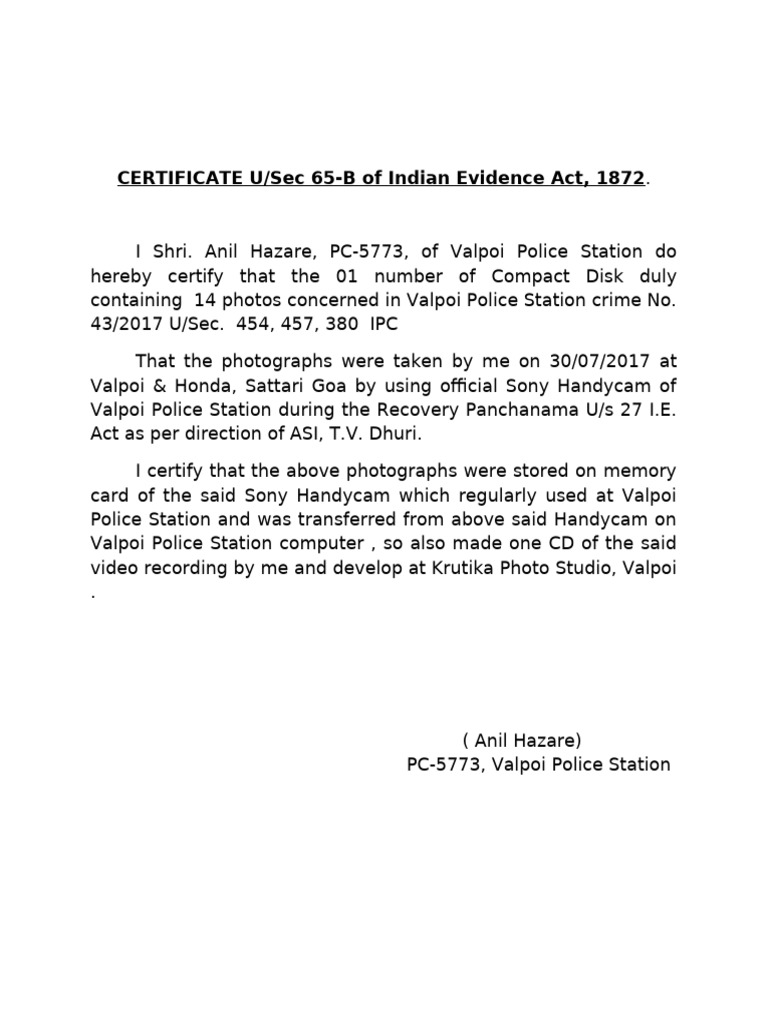 Certificate of Evidence for Crime Photos | PDF